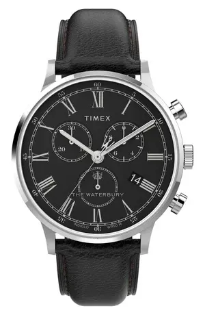 Timex® Waterbury Classic Chronograph Leather Strap Watch