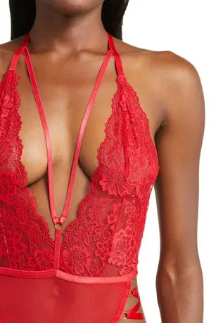 OH LA LA CHERI Sloane Mesh & Lace Teddy - Red