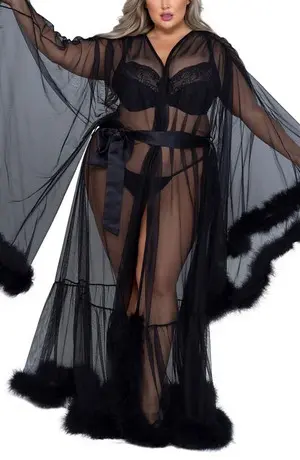 ROMA CONFIDENTIAL Hollywood Glam Feather Trim Mesh Robe