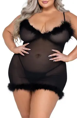 ROMA CONFIDENTIAL After Hours Feather Trim Mesh Chemise With G-string Thong - Black