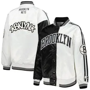 STARTER White Brooklyn Nets Split Colorblock Satin Full-snap Varsity Jacket