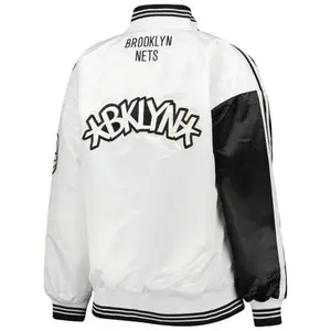 STARTER White Brooklyn Nets Split Colorblock Satin Full-snap Varsity Jacket
