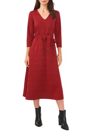 Chaus Houndstooth Plaid Jacquard Midi Fit & Flare Dress - Black/ Red