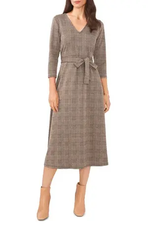 Chaus Houndstooth Plaid Jacquard Midi Fit & Flare Dress Black/ Taupe