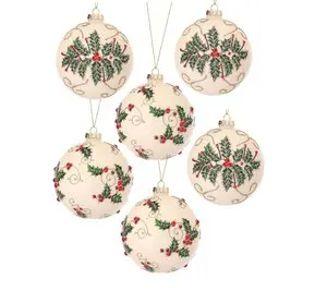 VALERIE PARR HILL 4' Glass Jewel Holly Vine Ball Ornament Set Of 6 Valerie - One-color