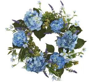NEARLY NATURAL 24' Blue Hydrangea Wreath By - One-color