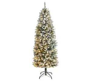 NEARLY NATURAL 6' Slim Flocked Christmas Tree W 250 Led Lights - One-color