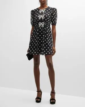 Saloni Jamie Short Polka-dot Silk Bow Dress - Mono Multi