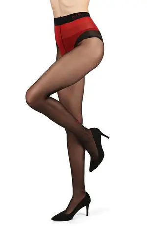 MEMOI Backseam Crotchless Tights - Black-red