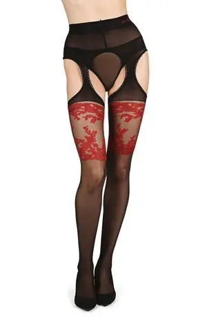 MEMOI Lady In Red Suspender Tights - Black-red