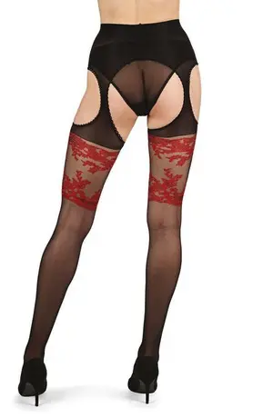 MEMOI Lady In Red Suspender Tights - Black-red