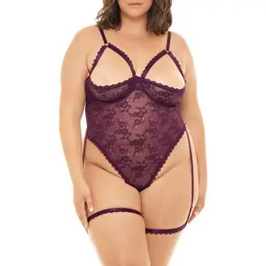 OH LA LA CHERI Elayne Lace Open Cup Underwire Teddy With Garter Straps - Potent Purple