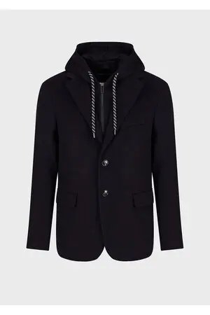 Emporio Armani Men Boiled Wool And Cashmere Blazer With Detachable Inner Panel And Hood