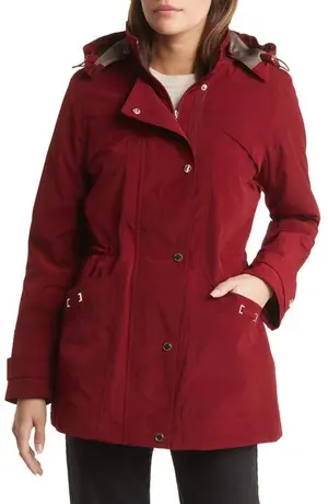 Gallery Cinched Waist Hooded Water-resistant Raincoat - Merlot