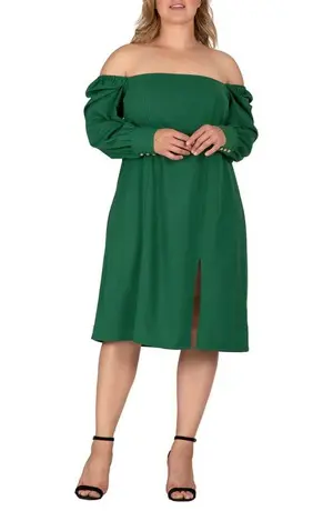 STANDARDS & PRACTICES Long Sleeve Off-the-shoulder Slit Dress - Green