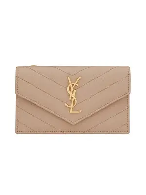 Saint Laurent Cassandre Matelassé Fragts Flap Card Case In Grain De Poudre Embossed Leather Dark Beige