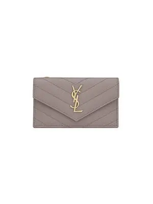 Saint Laurent Cassandre Matelassé Fragts Flap Card Case In Grain De Poudre Embossed Leather Fog