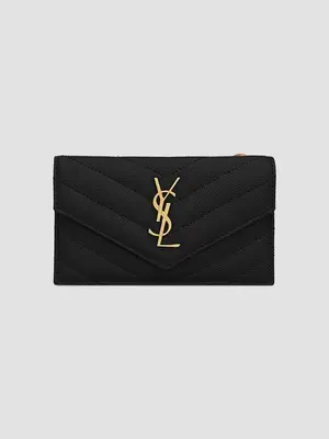 Saint Laurent Cassandre Matelassé Fragts Flap Card Case In Grain De Poudre Embossed Leather - Nero