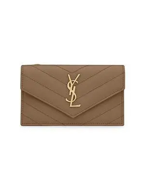 Saint Laurent Cassandre Matelassé Fragts Flap Card Case In Grain De Poudre Embossed Leather Taupe