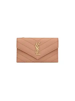 Saint Laurent Cassandre Matelassé Fragts Flap Card Case In Grain De Poudre Embossed Leather Vintage Peach