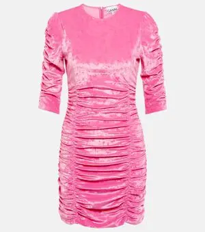 GANNI Ruched Velvet Mini Dress - Pink