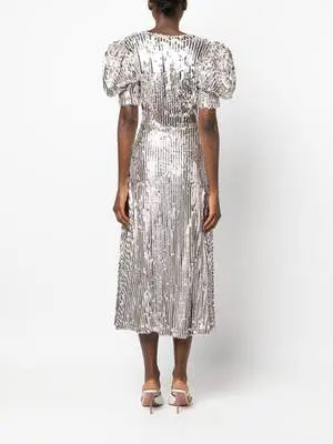ROTATE BY BIRGER CHRISTENSEN Sequin Puff-sleeve Midi Dress