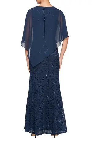 SL FASHIONS Sequin Lace Capelet Dress - New Navy