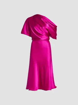 Amsale Draped Satin One-shoulder Midi-dress - Fuchsia