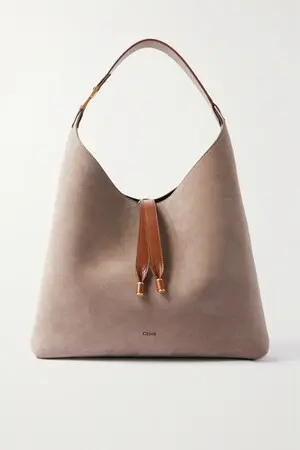 Chloé Marcie Leather-Trimmed Suede Shoulder Bag Gray