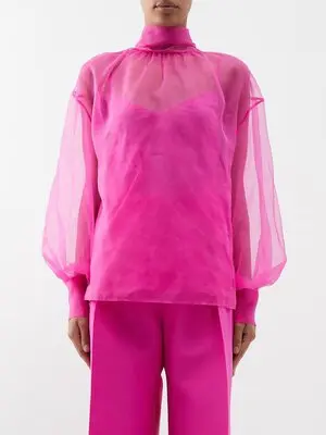 Valentino Garavani Valentino Garavani - Pussy-bow Organza Blouse - Womens - Pink - Pink