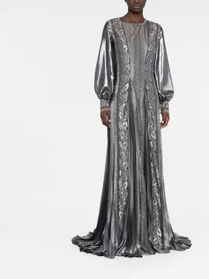 Alberta Ferretti Metallic Jacquard Lace Cuff Gown