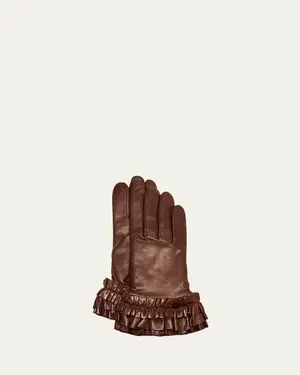 AGNELLE Ruffle Cuffs Leather Gloves - Whiskey