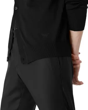 Emporio Armani Solid Wool Slim Fit V Neck Cardigan - Black