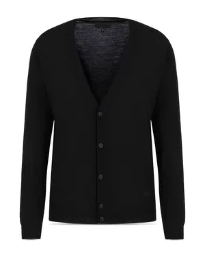 Emporio Armani Solid Wool Slim Fit V Neck Cardigan - Black
