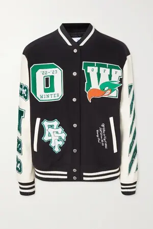 Off-White Appliquéd Padded Wool And Leather Jacket