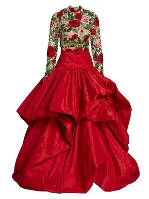 Oscar De La Renta Women's Tiered Floral Appliqué Gown - Red  - Red