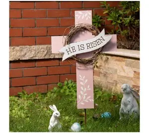 GLITZHOME He Is Risen Easter Cross Yard Stake O R Wall Hanging