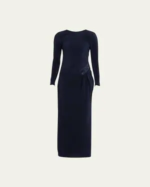 Giorgio Armani Jersey Sheath Dress With Beaded Hip Detail - Solid Blue Navy
