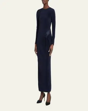 Giorgio Armani Jersey Sheath Dress With Beaded Hip Detail - Solid Blue Navy