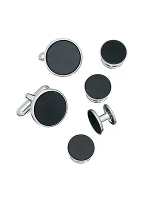 LINK UP 6-piece Enamel Round Stud & Cufflink Set - Black Silver