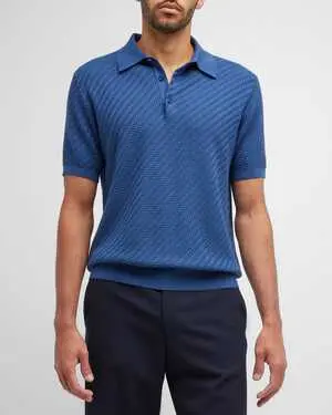 Brioni Men & Apos;s Basketweave Stitch Polo Sweater Bluette