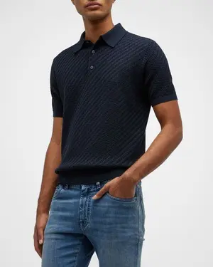 Brioni Men & Apos;s Basketweave Stitch Polo Sweater Navy