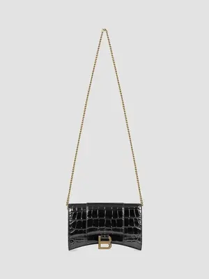 Balenciaga Hourglass Wallet With Chain Crocodile Embossed - Black