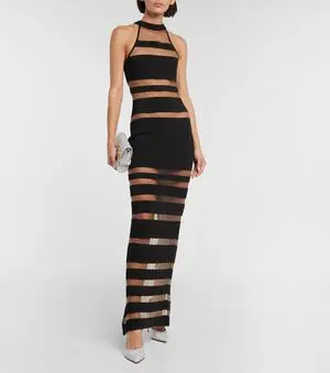 Balmain Halterneck Mesh-paneled Gown