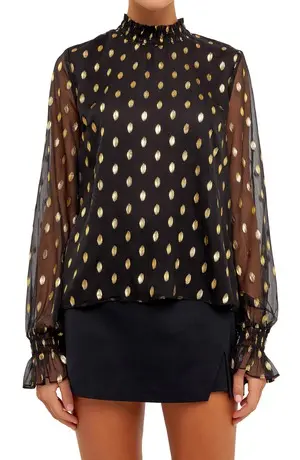 Endless Rose Metallic Polka Dot Chiffon Top - Black