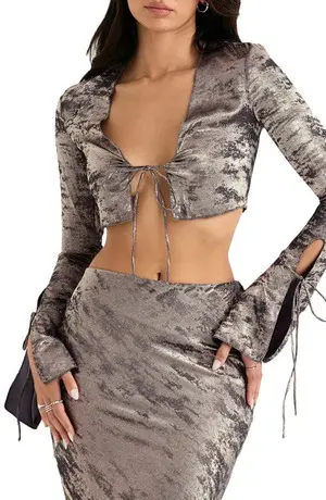 House Of Cb Giulia Metallic Tie-front Crop Top
