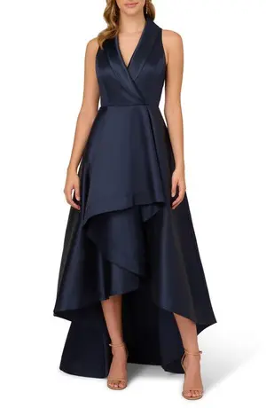 Adrianna Papell Tuxedo High-low Satin Gown - Midnight