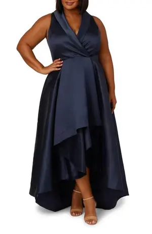 Adrianna Papell Tuxedo High-low Satin Gown - Midnight