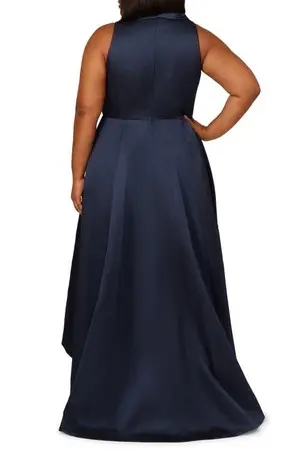 Adrianna Papell Tuxedo High-low Satin Gown - Midnight