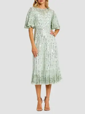 Mac Duggal Flounce Sleeve Midi-dress Sage